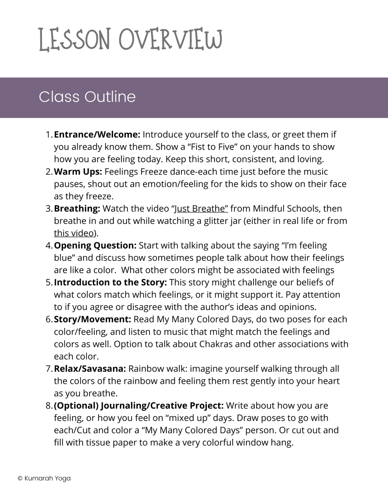 Kids Yoga Literacy Lesson - My Many Colored Days : Kumarah