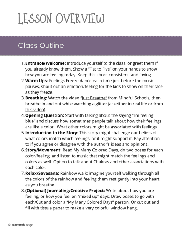 Kids Yoga Lesson Plan - My Many Colored Days : Kumarah