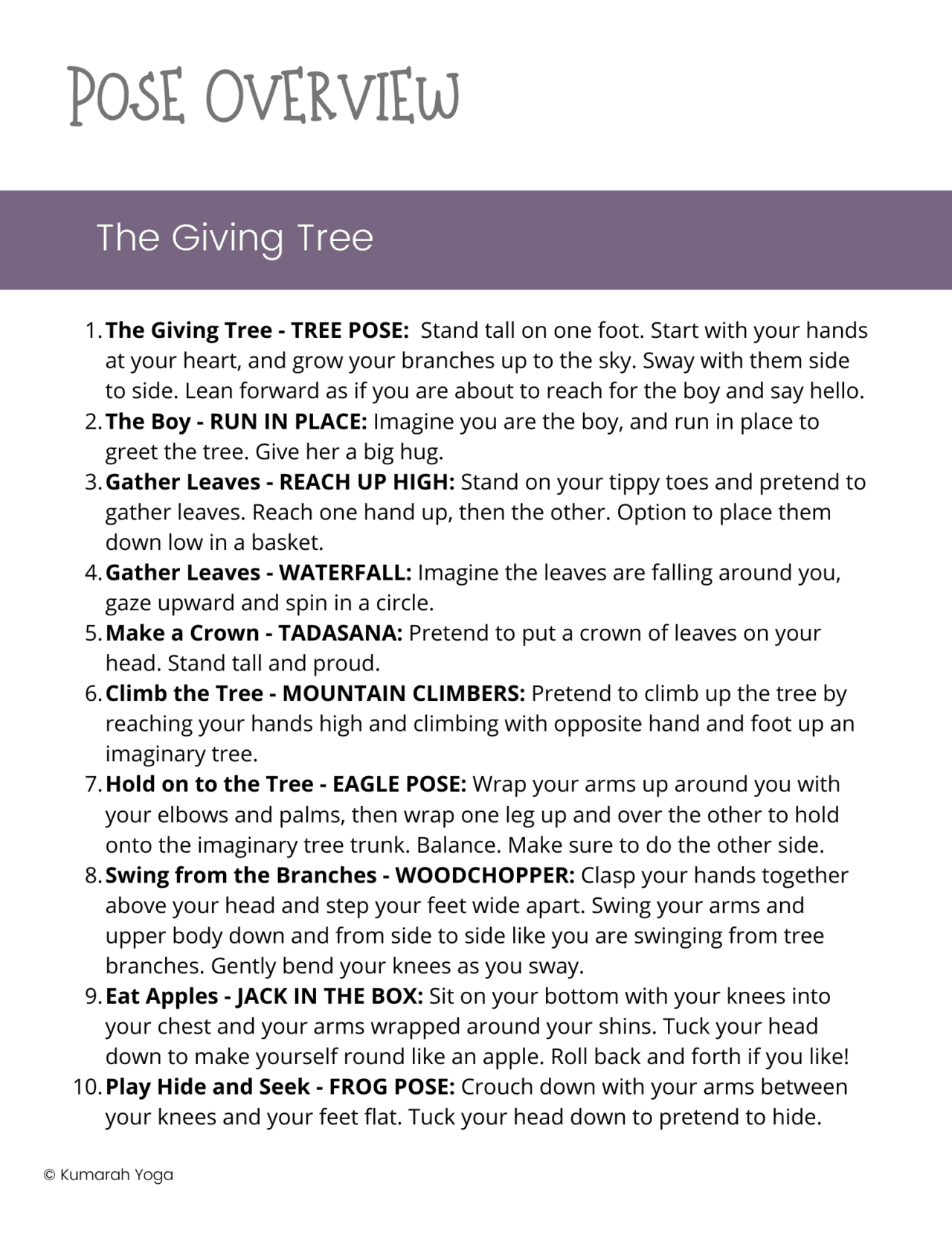Kids Yoga Lesson Plan - The Giving Tree : Kumarah