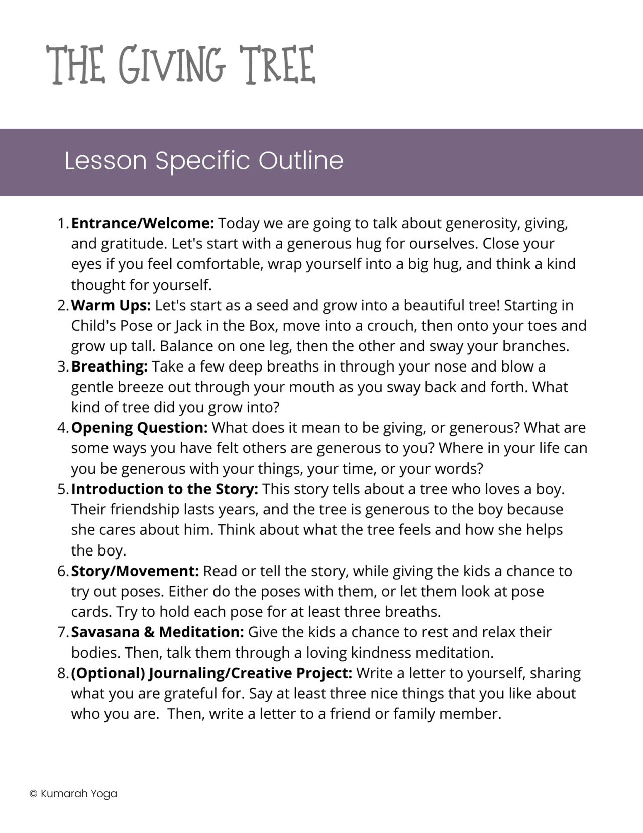 Kids Yoga Lesson Plan - The Giving Tree : Kumarah
