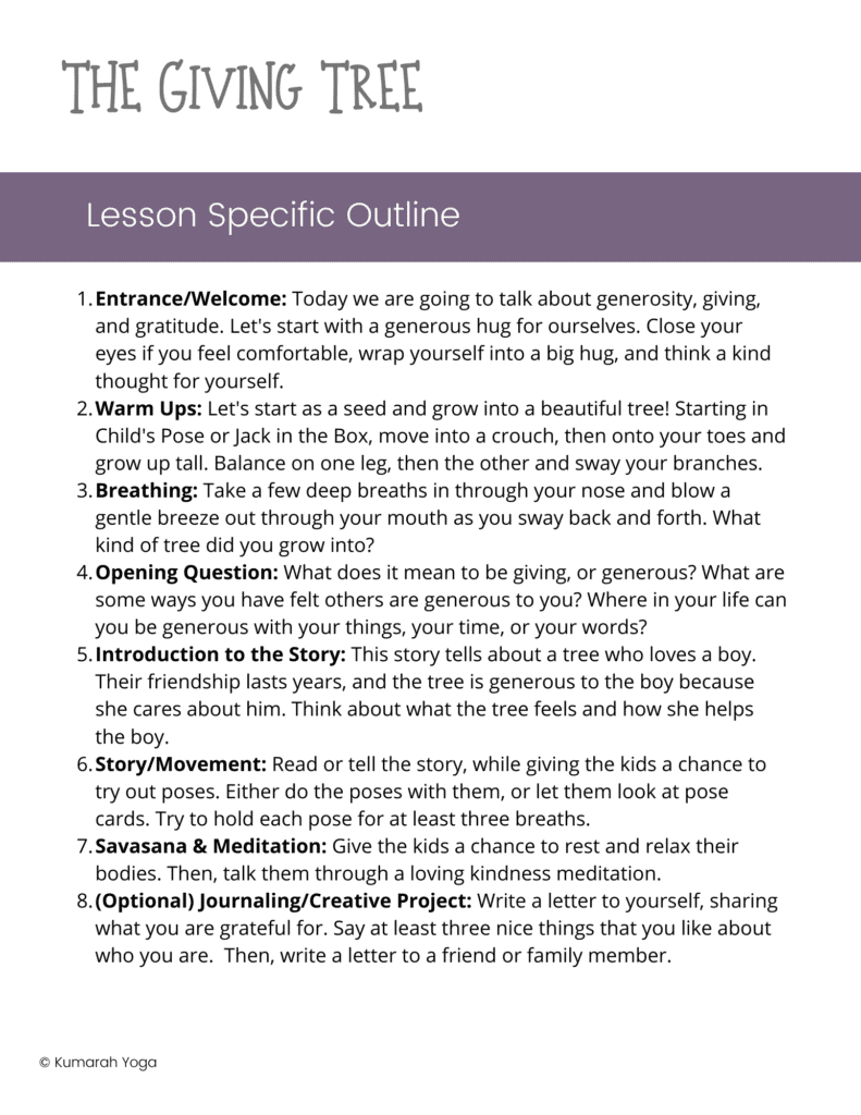 Kids Yoga Lesson Plan - The Giving Tree : Kumarah
