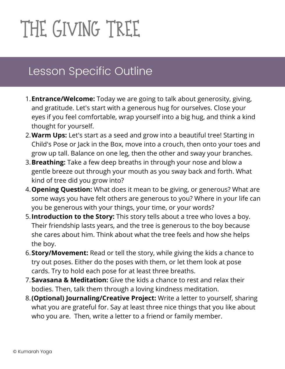 Kids Yoga Lesson Plan - The Giving Tree : Kumarah