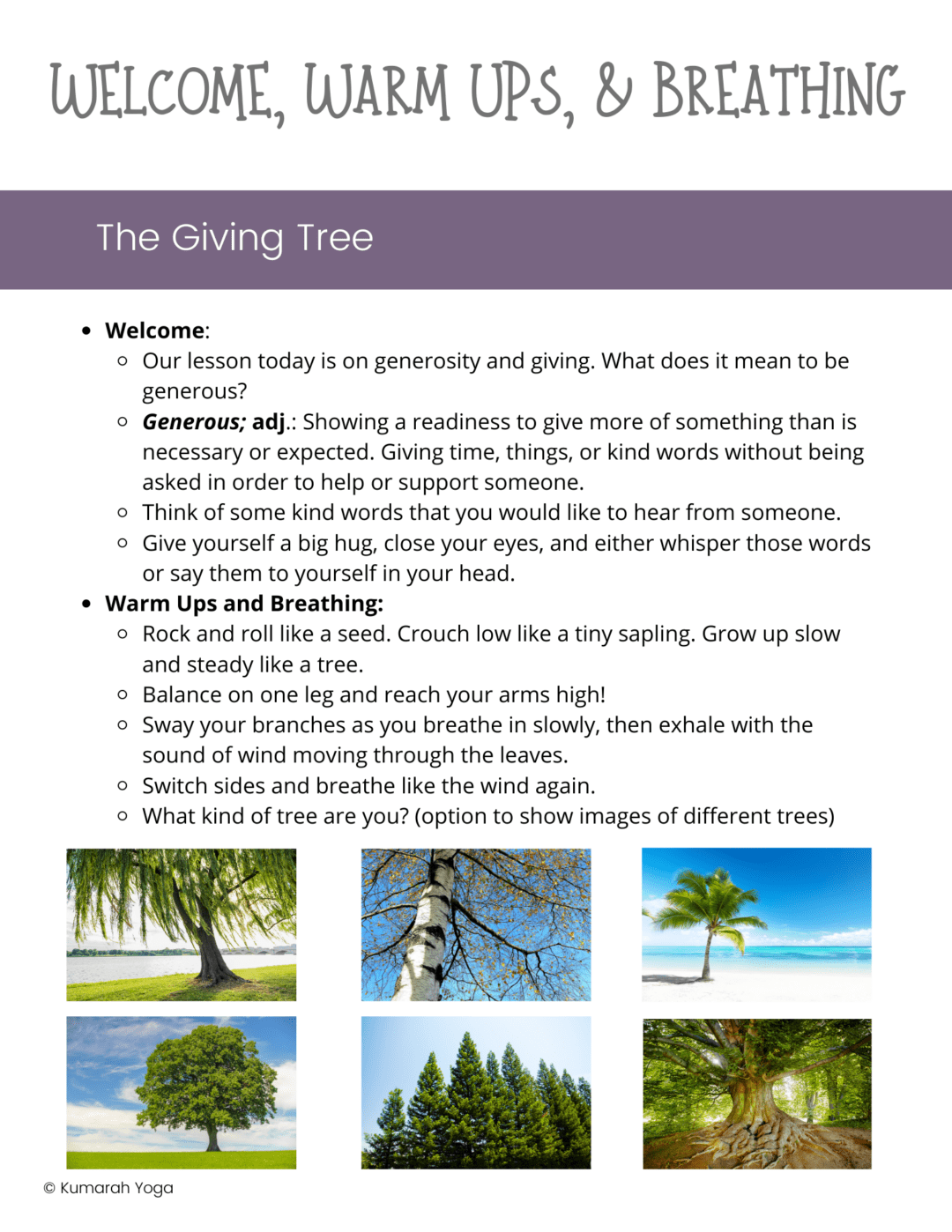 Kids Yoga Lesson Plan - The Giving Tree : Kumarah