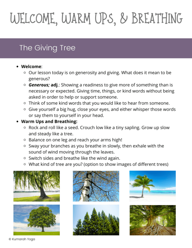 Kids Yoga Lesson Plan - The Giving Tree : Kumarah