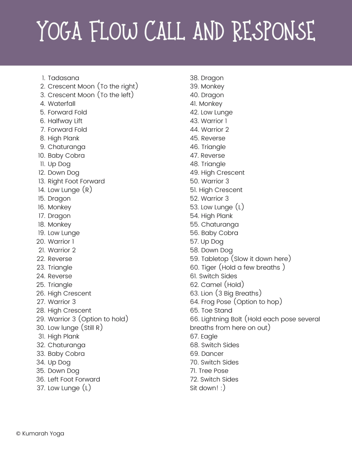 Kids Yoga Pose Cards for a Yoga Flow Sequence : Kumarah