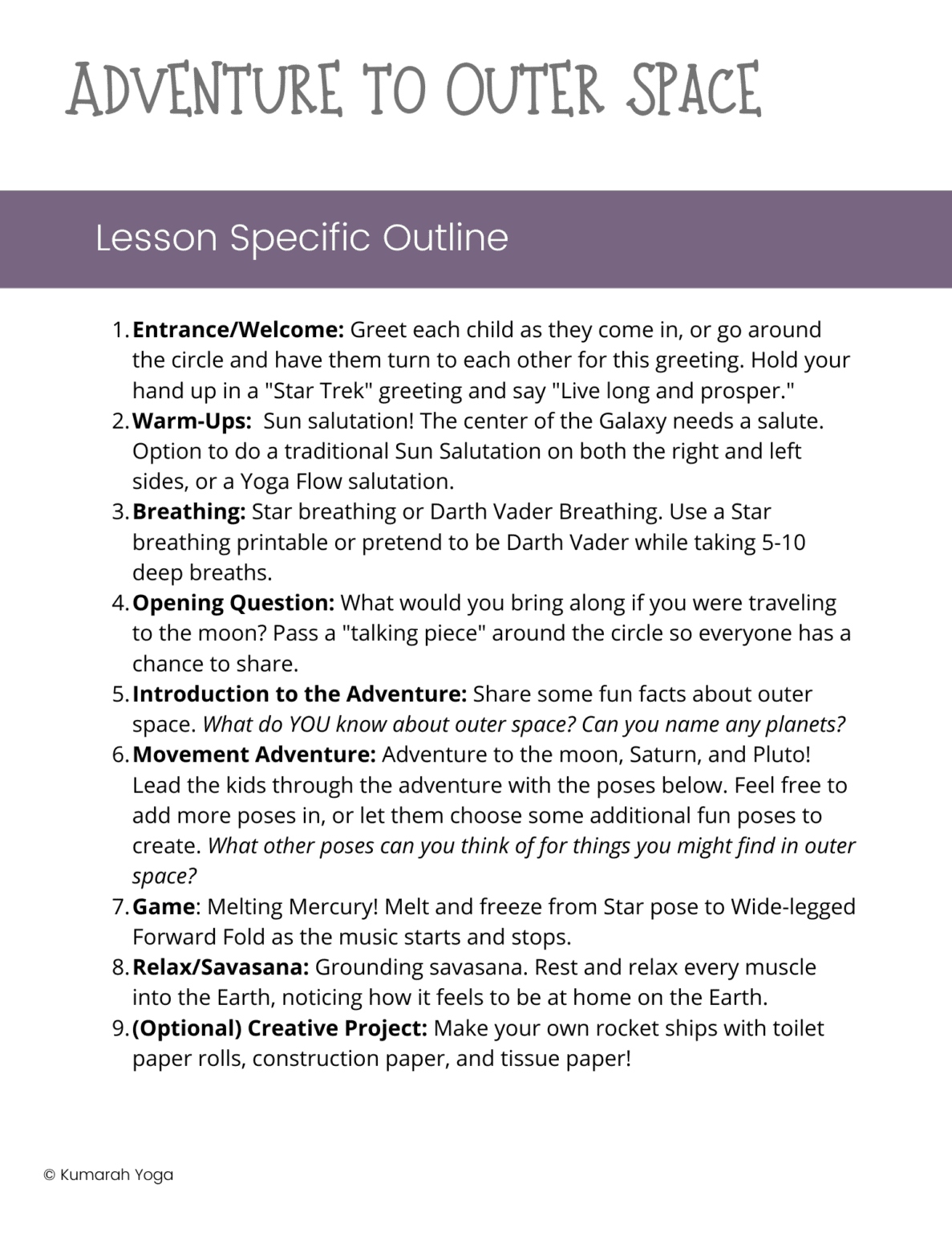 Outer Space Adventure Based Yoga Lesson Plan : Kumarah